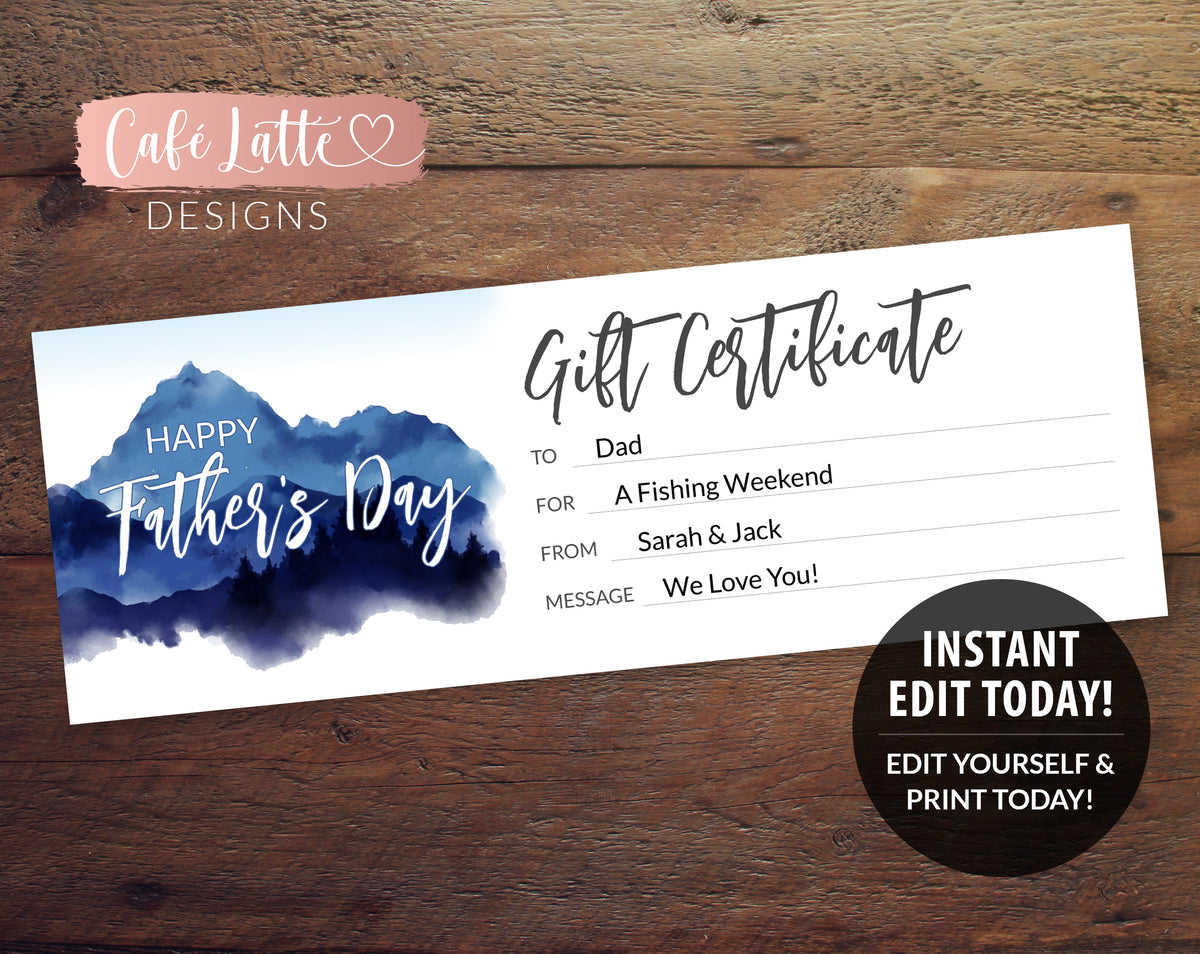 FATHERS DAY Gift Certificate Printable Editable Template, Personalized ...