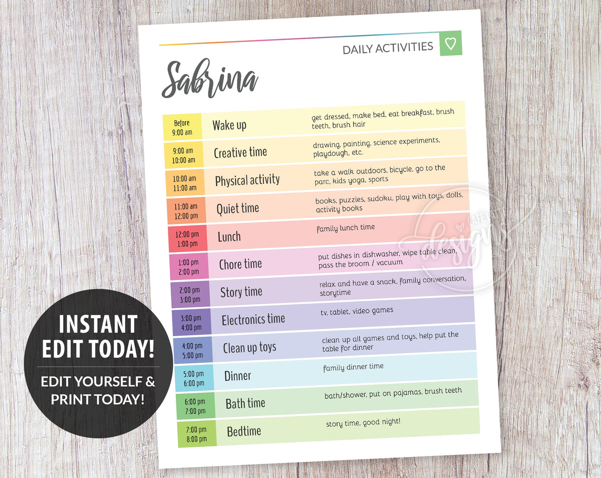 Daily Planner, Rainbow Routine Chart for Kids, Editable Printable ...