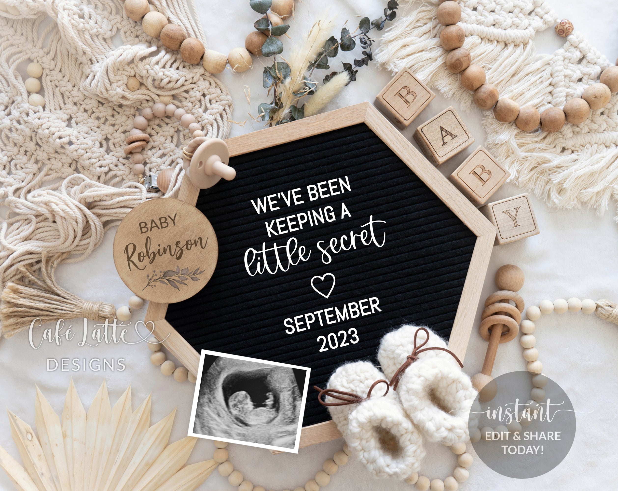 Boho Baby Announcement Gender Neutral Hexagon Letter Board – Café Latte ...